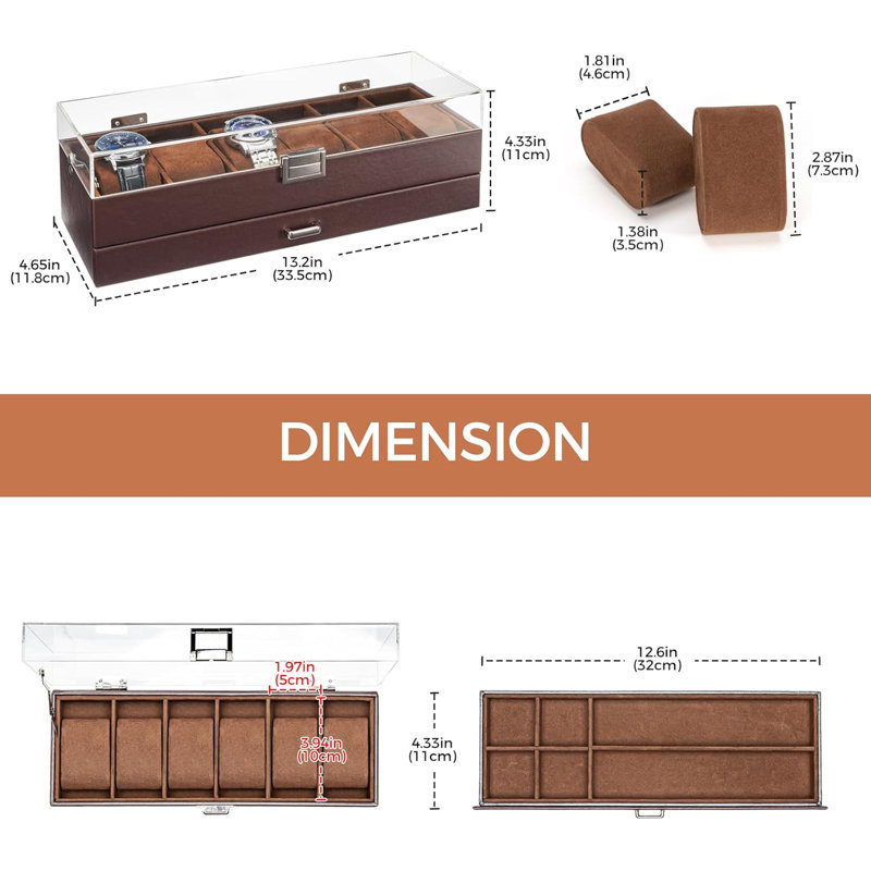 Latitude Run® 6 Slot Watch Display Case With Clear Acrylic Lid,Espresso | Wayfair